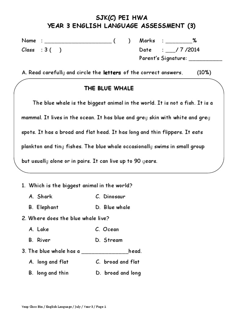 SJK (C) Pei Hwa Year 3 English Language Assessment | PDF | Whales | Fish
