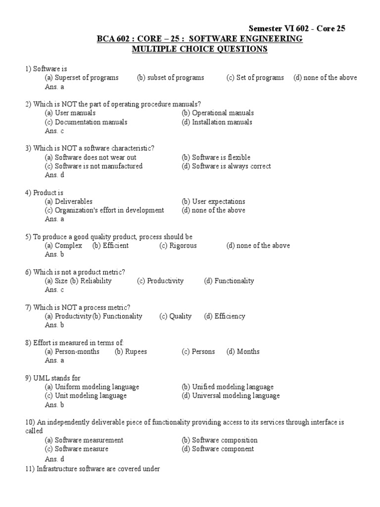 BCA 602 Software Engineering MCQs | PDF | Software Testing ...
