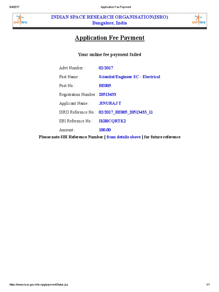 Isro Application Fee Payment | PDF
