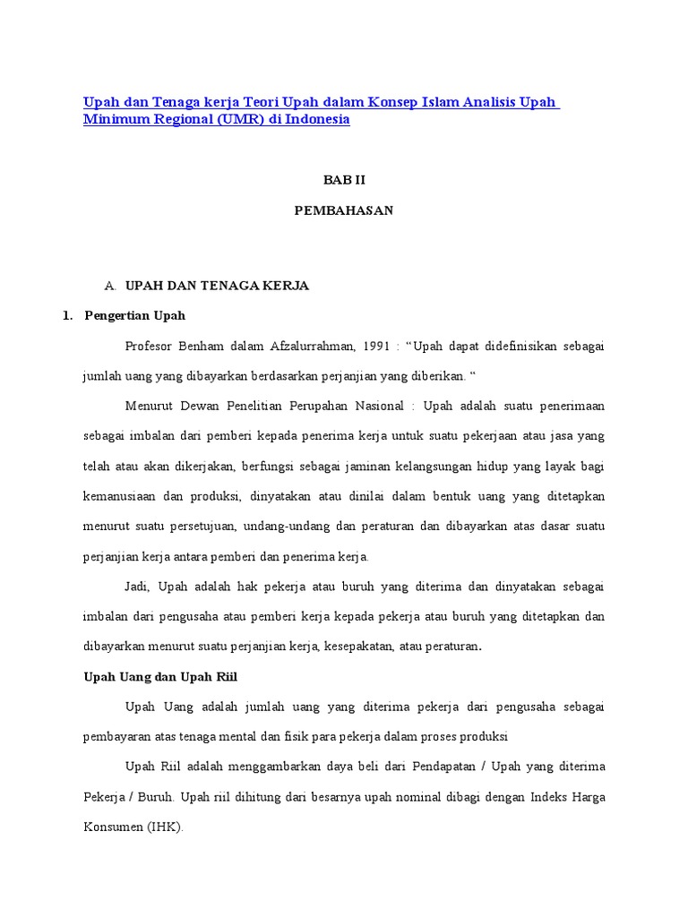 Upah Dan Tenaga Kerja Teori Upah Dalam Konsep Islam Analisis Upah Minimum Regional | PDF