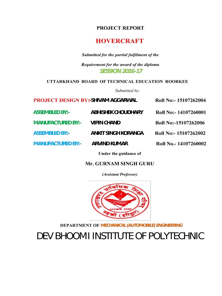 Hovercraft Project Report | PDF | Thrust | Vehicles