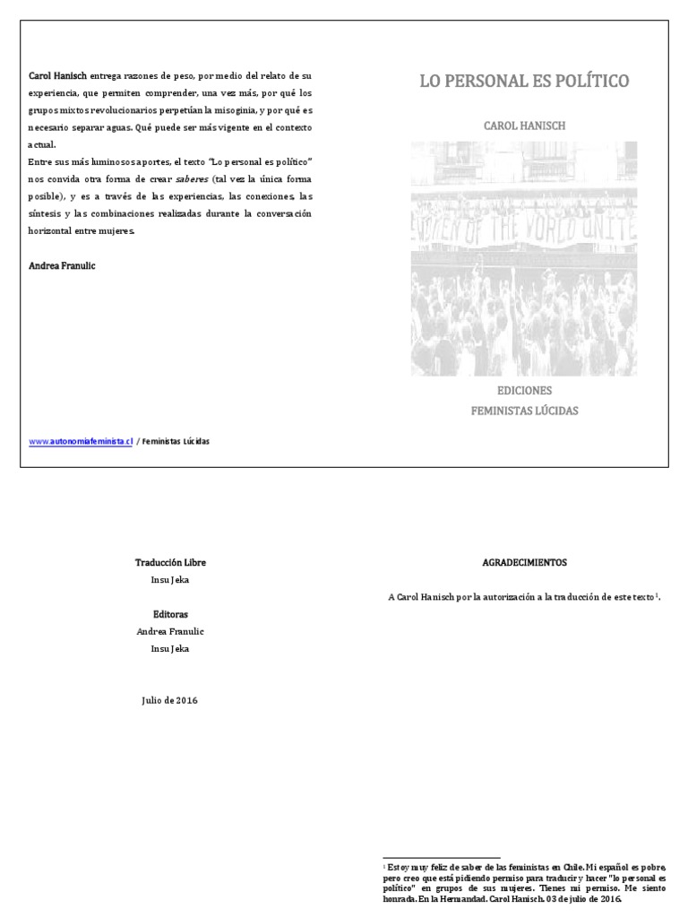 Carol Hanisch - Lo Personal Es Político | PDF | Movimiento feminista ...