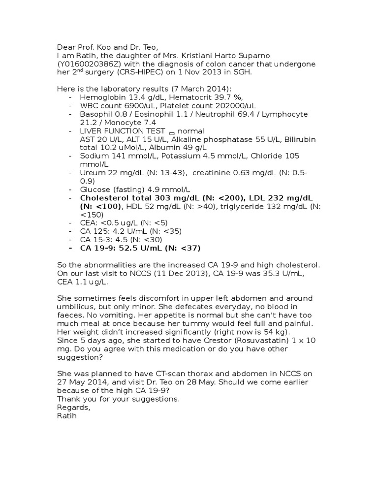 Colon Cancer Post-Surgery Lab Results | PDF