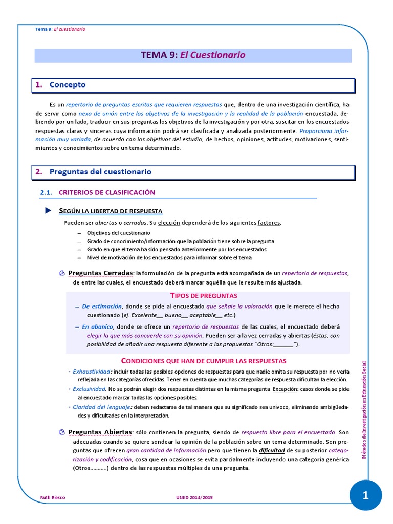 Resumen T9. El Cuestionario | PDF | Cuestionario | Información