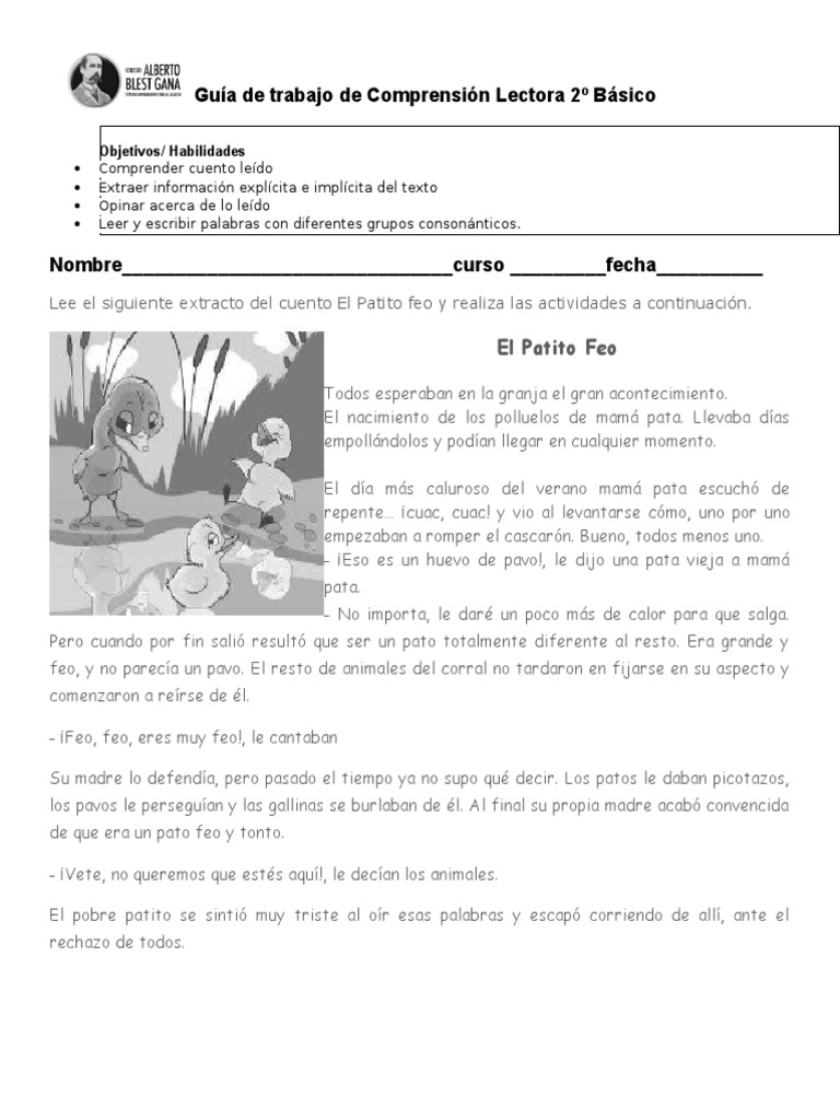 Actividades de Comprensión: El Patito Feo | PDF | El patito feo ...