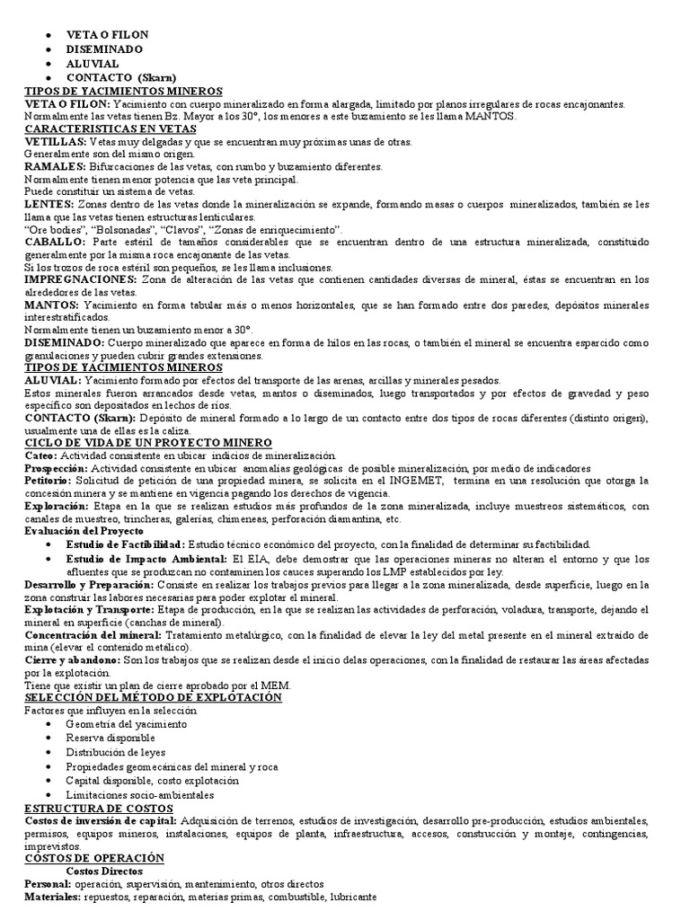 Tipos de Yacimientos Mineros | PDF | Minería | Minerales