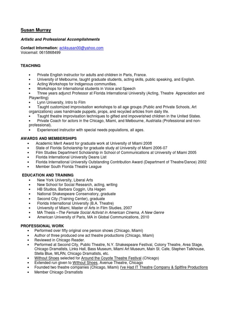 CV - Susan Murray | PDF | Master Of Arts | Acting