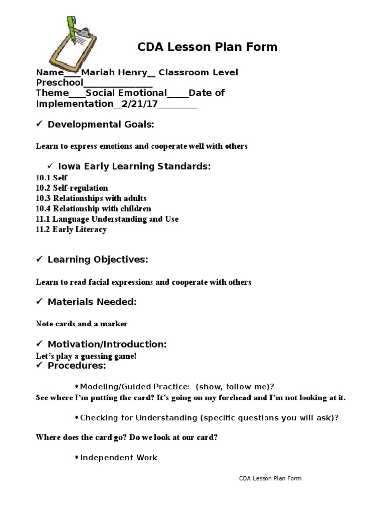 Cda II Social Emotional Lesson | PDF | Self-Improvement