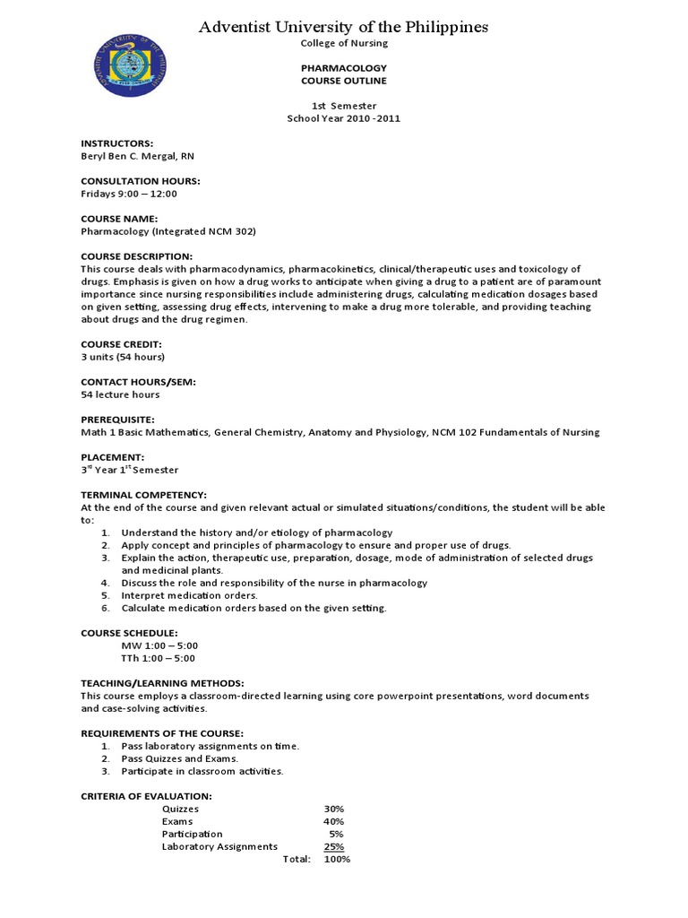 Pharmacology Course Outline for Nursing | PDF | Nursing | Pharmacology