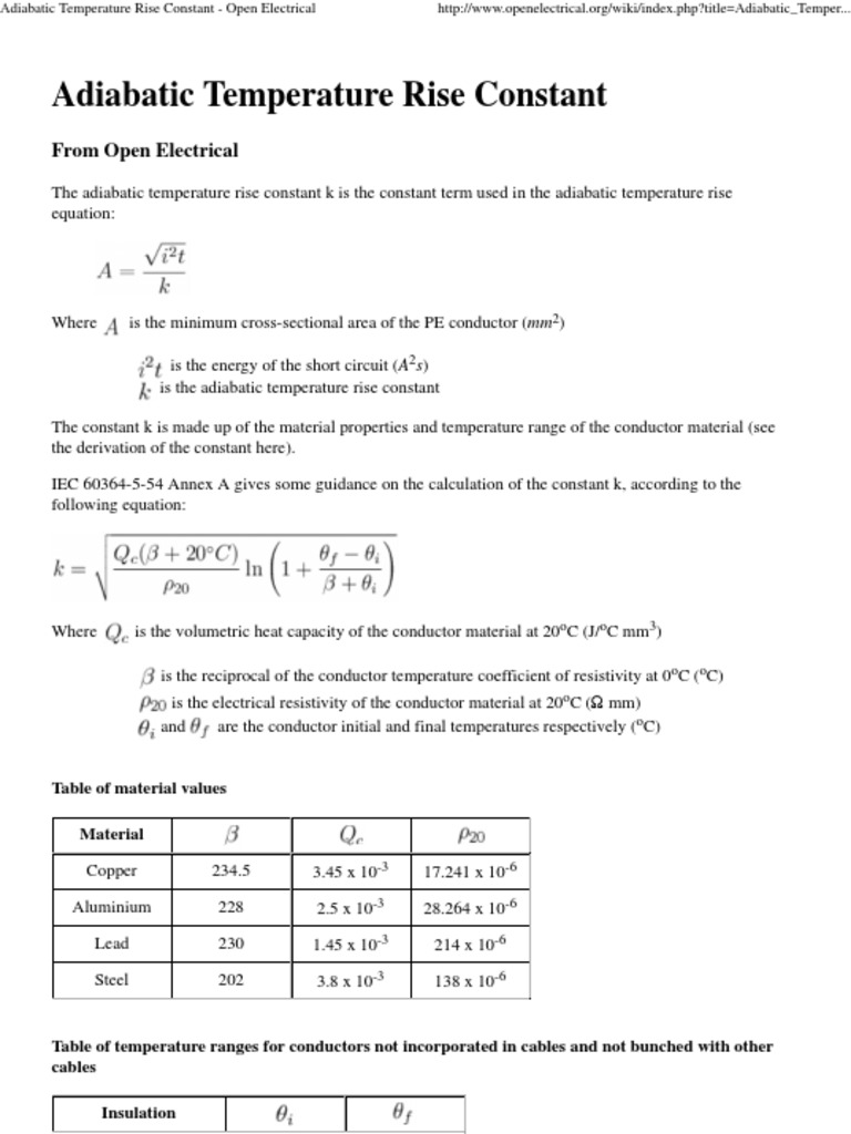Adiabatic Temperature Rise Constant - Open Electrical | PDF ...