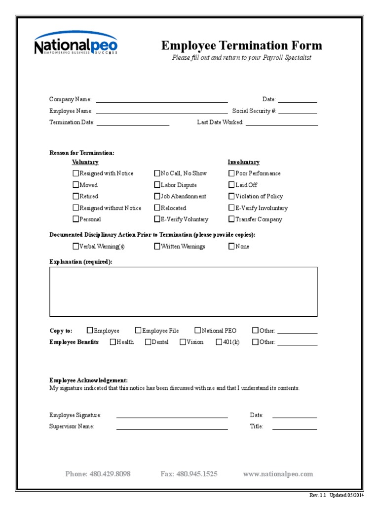 Employee Termination Form: Please Fill Out and Return To Your Payroll ...