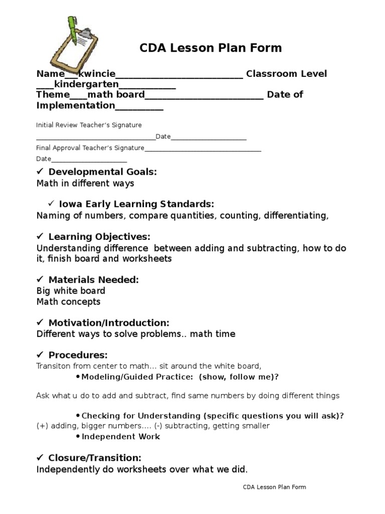 CDA Lesson Plan Form: Initial Review Teacher's Signature | PDF
