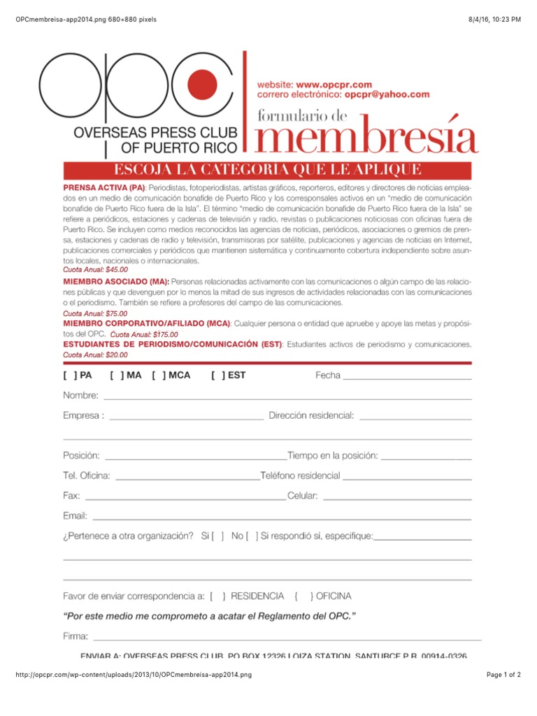 Hoja de Registro: Membresía OPC