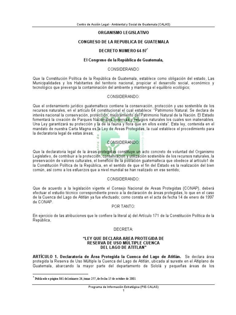 Ley Que Declara Area Protegida de Reserva y de Uso Multiple Cuenca Del ...