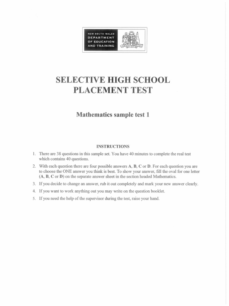 001 Selective School Mathematics Placement Test | PDF