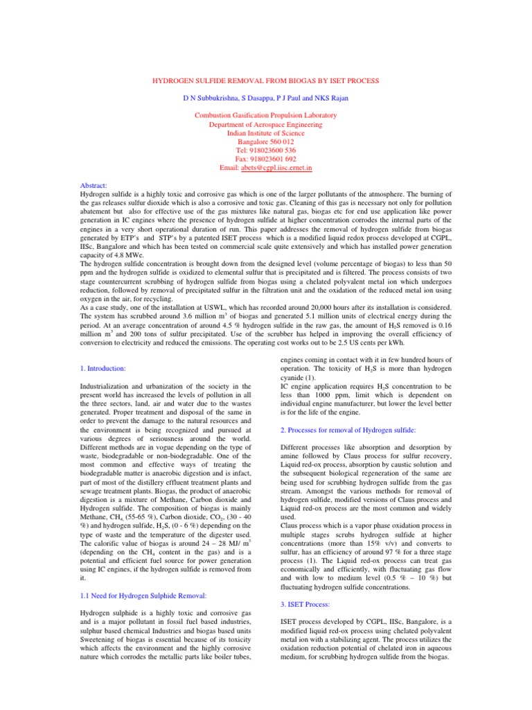 Hydrogen Sulfide Removal From Biogas | PDF | Natural Gas | Biogas