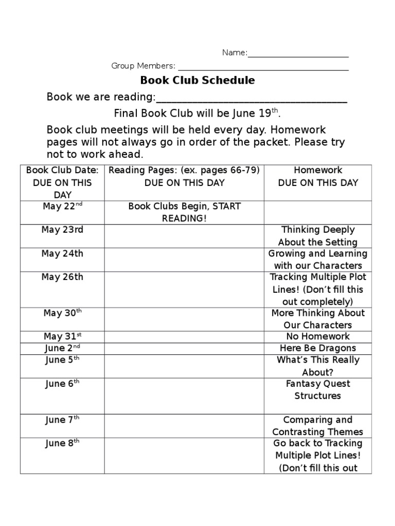 Fantasy Schedule Book Club Schedule | PDF | Leisure