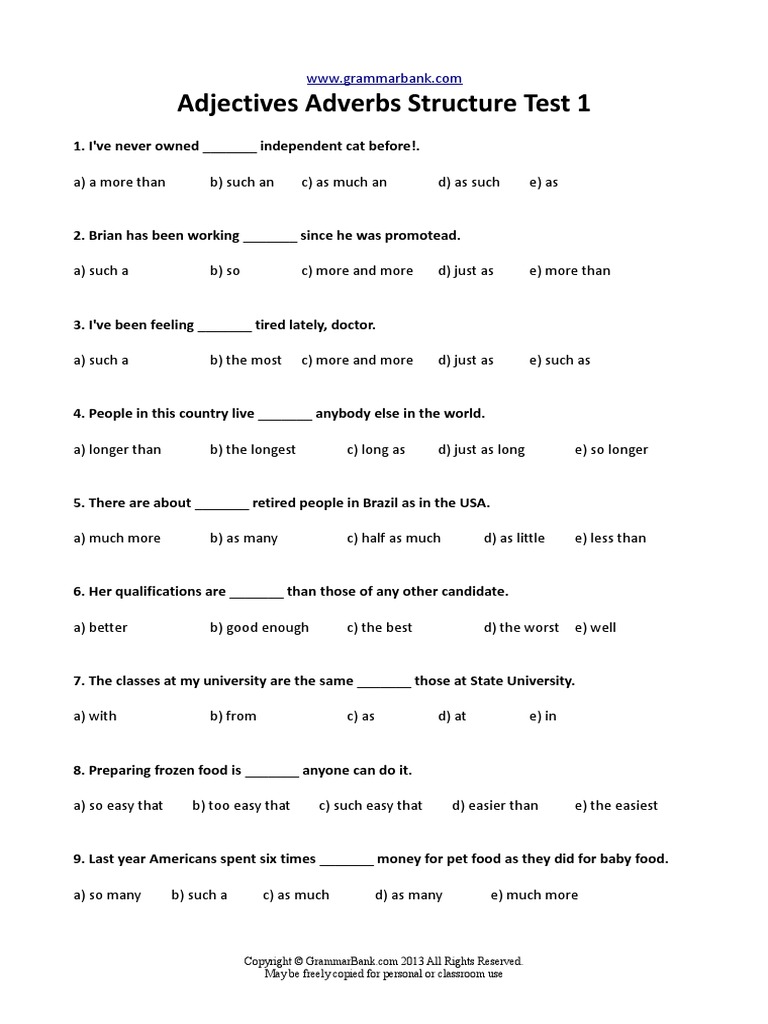 Adjectives Adverbs Structure Quiz PDF | PDF