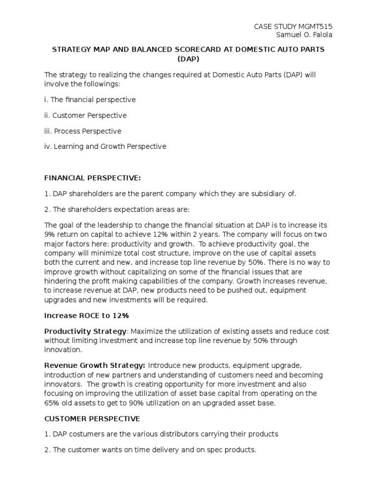 Dap Strategy Map and Balanced Scorecard Case Study 2 MGMT 515 | PDF ...