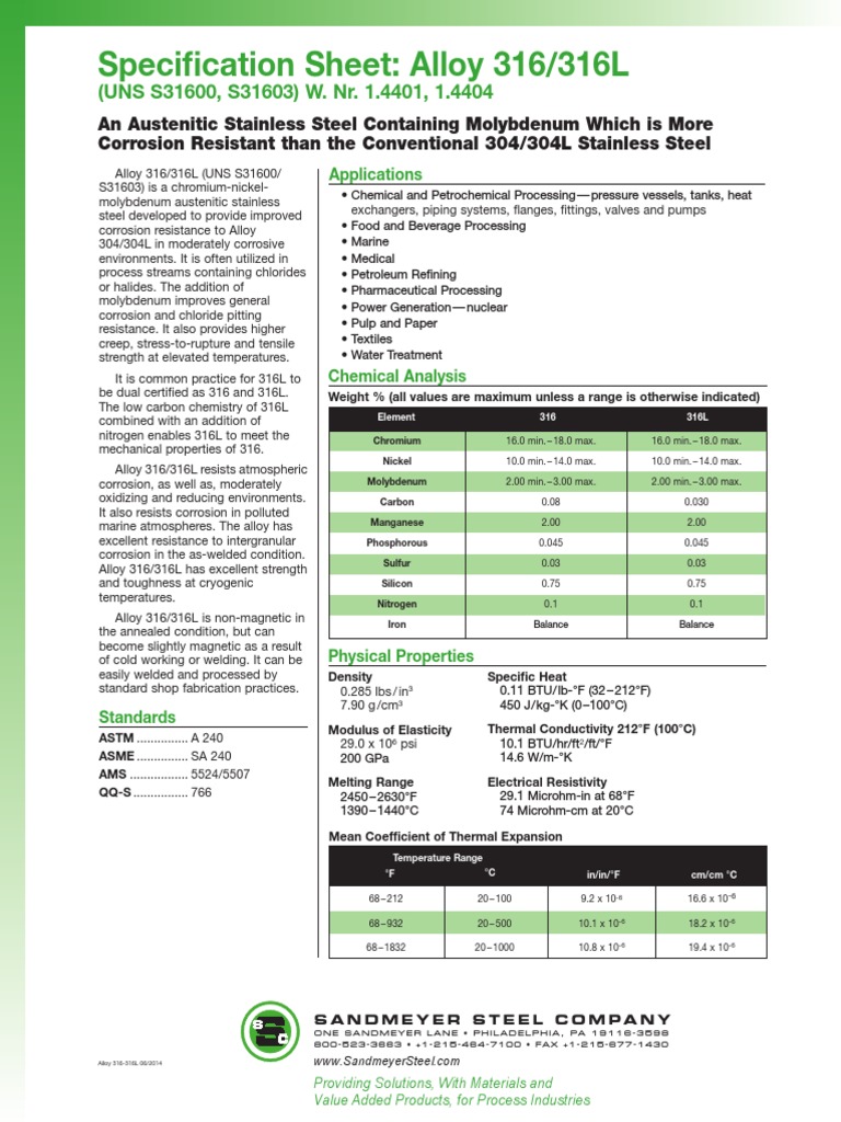 Specification Sheet for Alloy 316/316L Stainless Steel: An Austenitic ...
