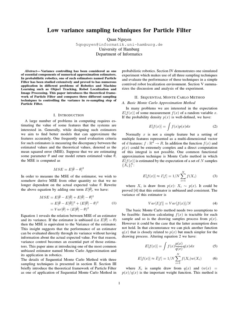 Low Variance Sampling Techniques For Particle Filter | PDF | Estimator ...