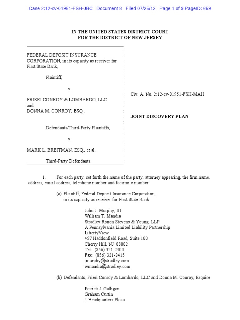 FDIC vs. Frieri, Conroy & Lombardo: Joint Discovery Plan | PDF ...