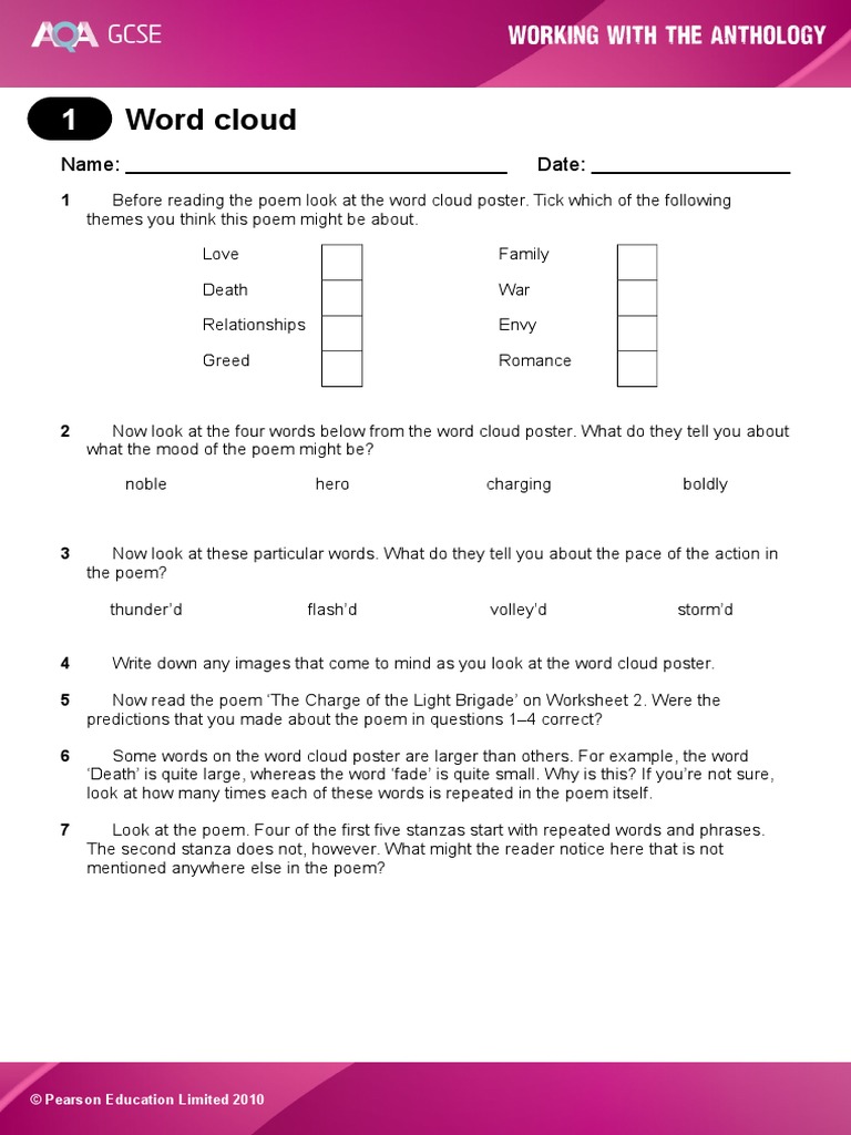 Charge of The Light Brigade Worksheet | PDF | Poetry | Unrest