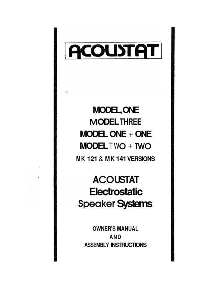 Acoustat Model 1 Owners Manual | PDF | Loudspeaker | Electrical Connector