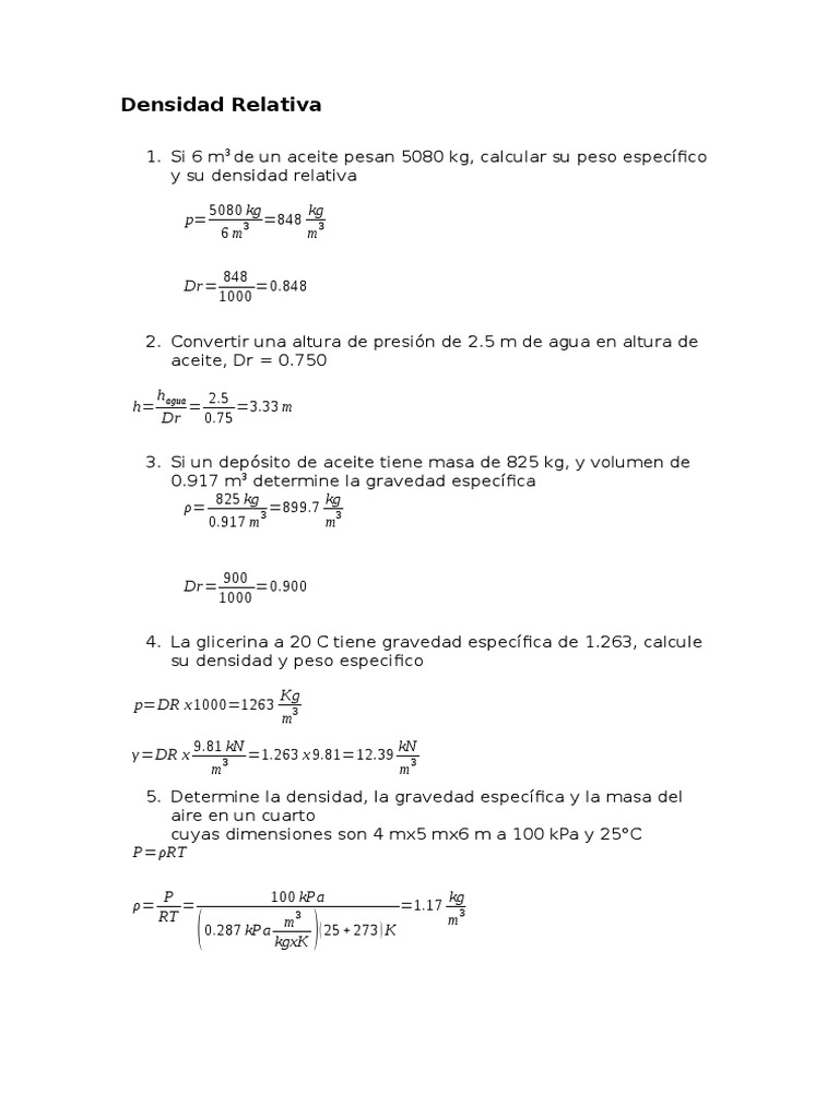 Problemas Aplicados Sobre Densidad Relativa (Mecánica de Fluidos) | PDF