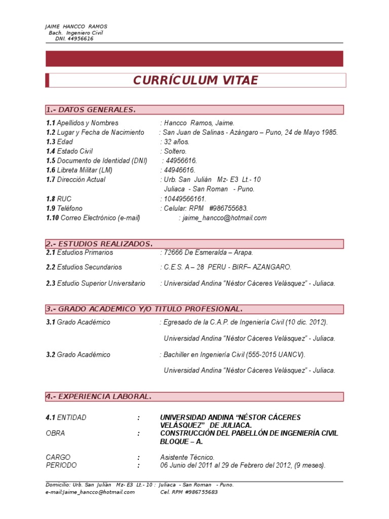 CURRICULUM VITAE DE JAIME - Putina | PDF | Ingeniería | Elecciones