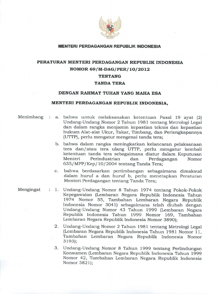 Permendag 69 Tahun 2012 Tanda Tera PDF | PDF