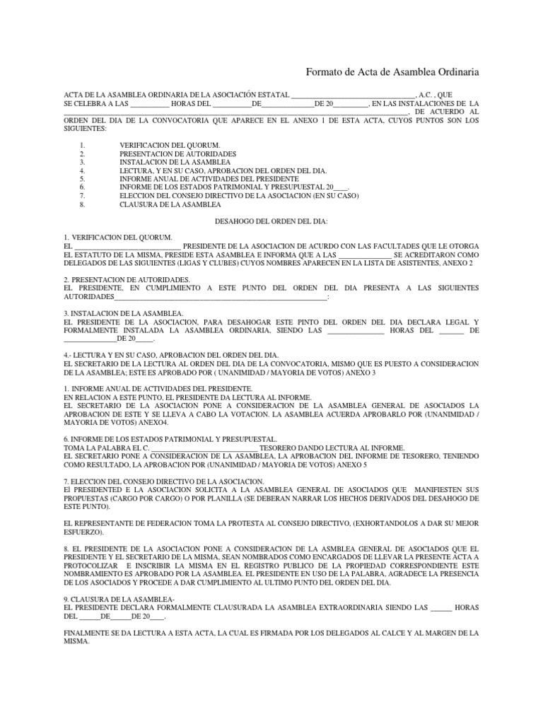 Formato Acta Asamblea Ordinaria PDF | PDF | Gobierno