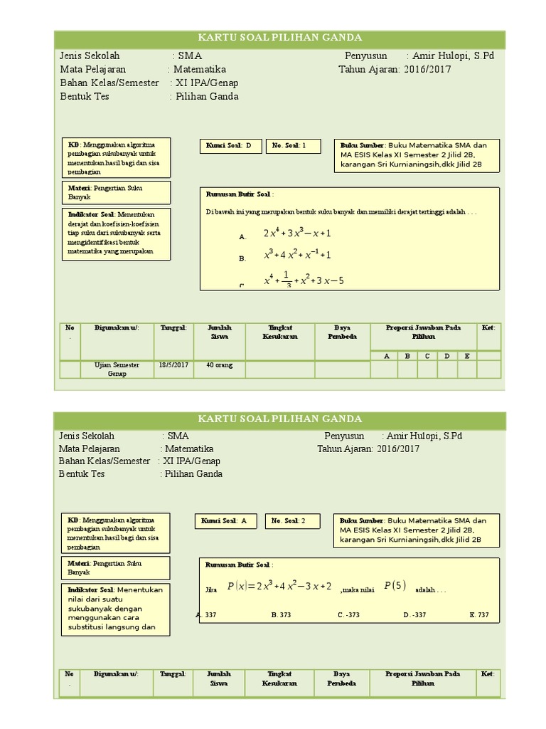 Kartu Soal Matematika Kelas Xi Ipa | PDF