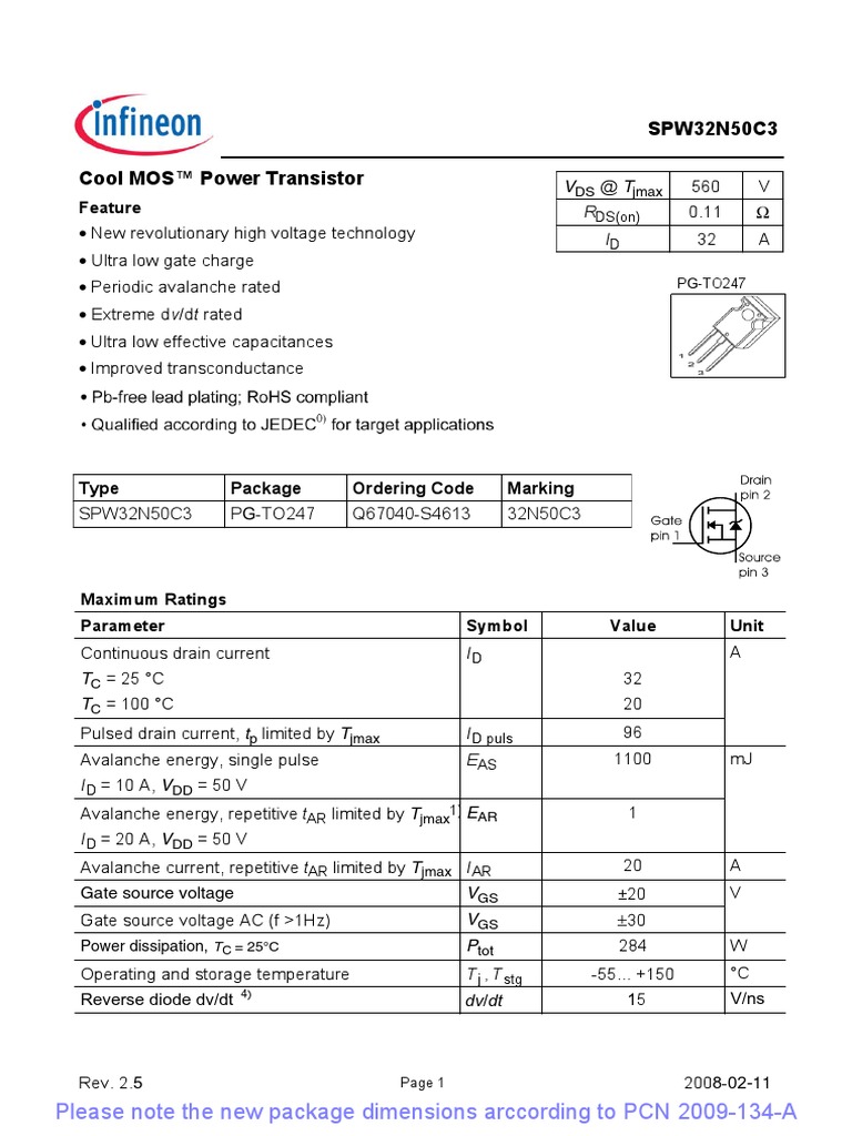 Infineon SPW32N50C3 DS v02 - 05 en PDF | PDF | Capacitor | Diode