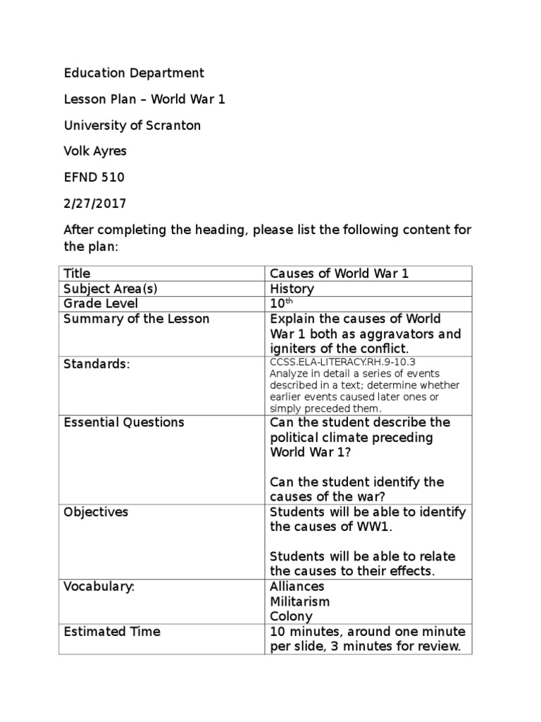 Lesson Plan ww1 | PDF | Educational Assessment | Differentiated Instruction