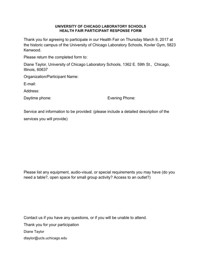 University of Chicago Laboratory Schools Health Fair Participant ...