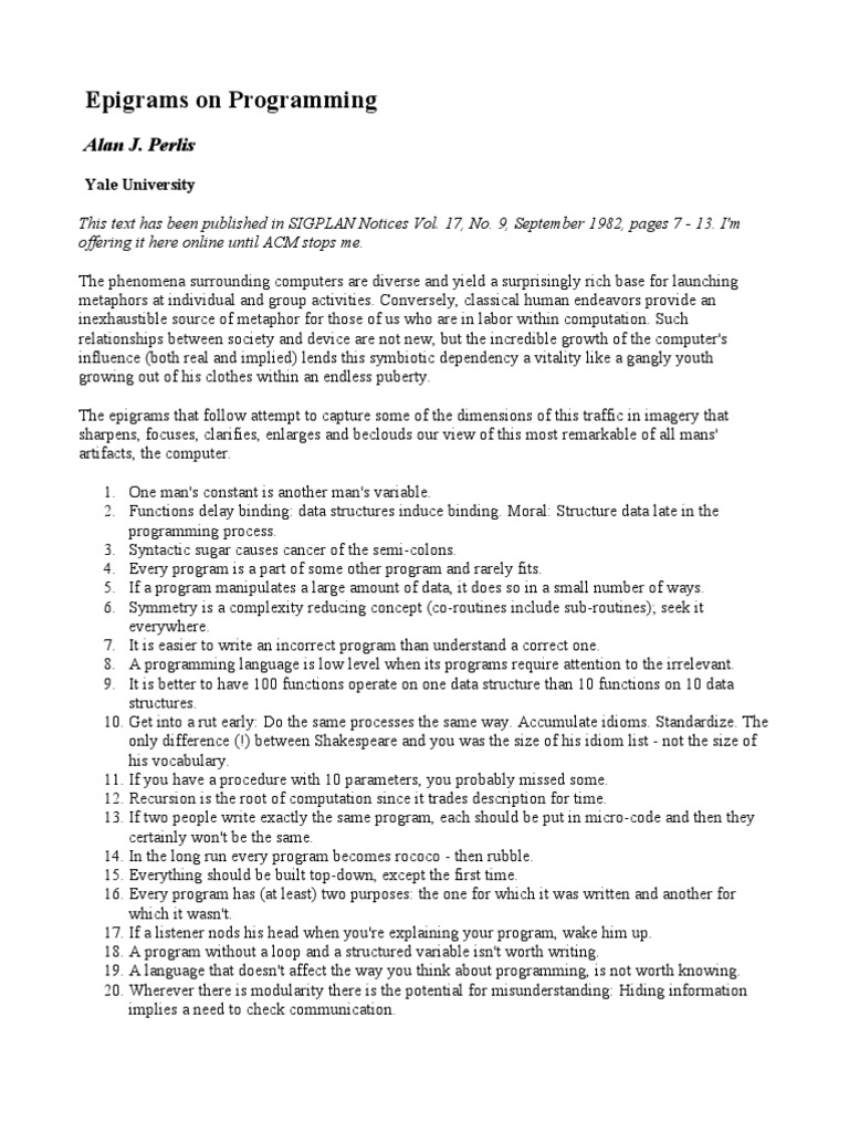 Programming Epigrams by Alan Perlis | PDF | Computer Programming | Programming Language