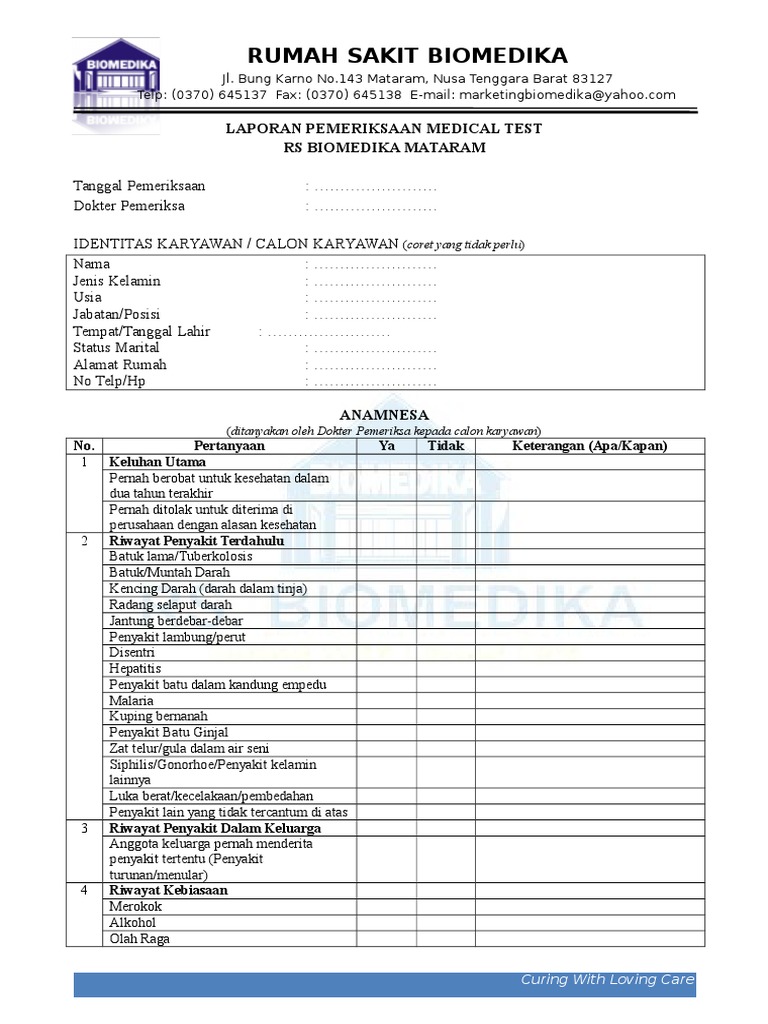 Form Mcu Karyawan Baru Rs Biomedika | PDF | Kesehatan Holistik