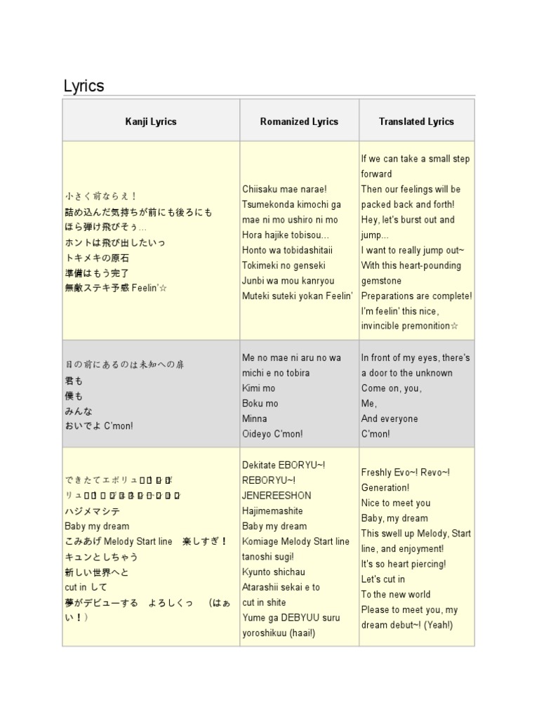 Lyrics: Kanji Lyrics Romanized Lyrics Translated Lyrics | PDF | Leisure ...