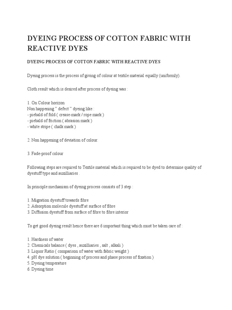 Dyeing Process of Cotton Fabric With Reactive Dyes | PDF | Dye | Sodium ...