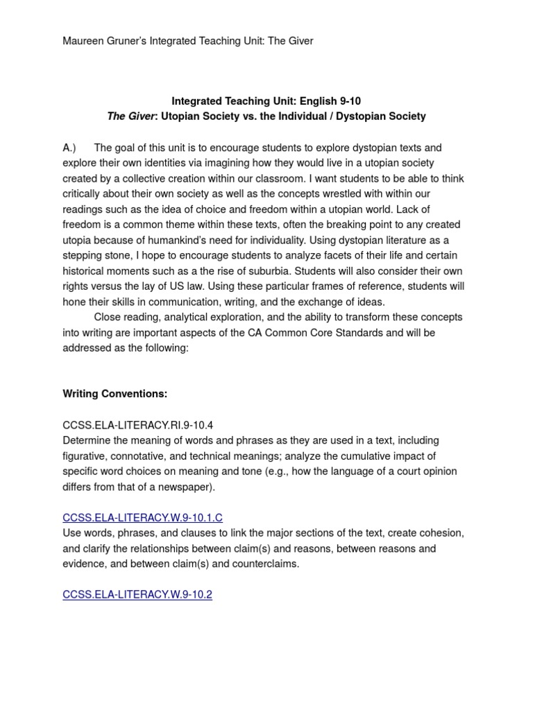 The Giver: Utopian Society vs. The Individual / Dystopian Society | PDF ...