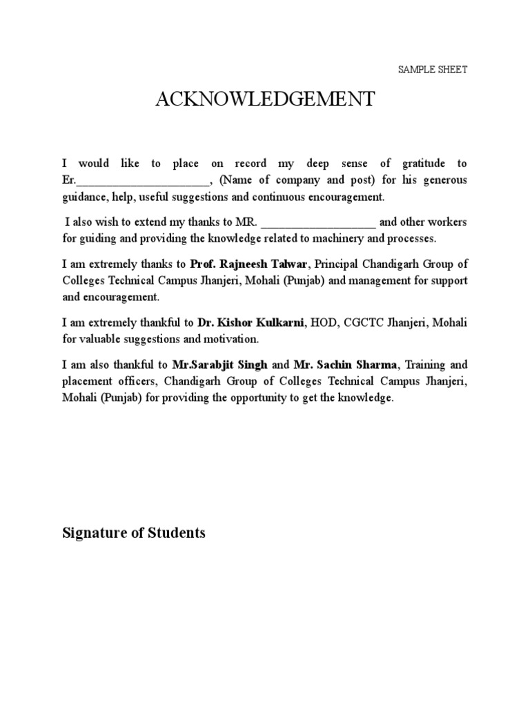 Acknowledgement: Signature of Students | PDF