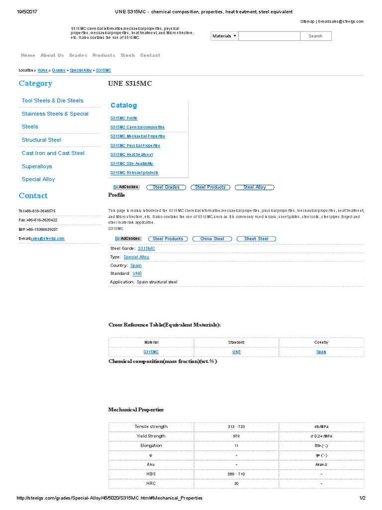 UNE S315MC - Chemical Composition, Properties, Heat Treatment, Steel ...