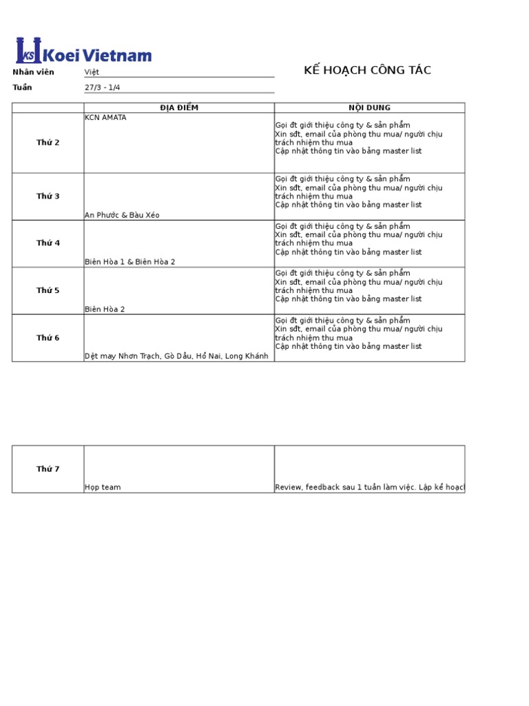 Ke Hoach Tuan (1) (AutoRecovered) | PDF