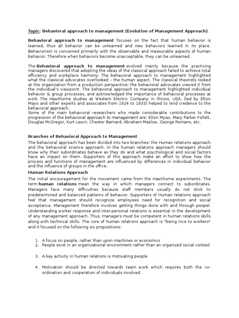 Behavioral Approach To Management Pdf Interpersonal Relationships