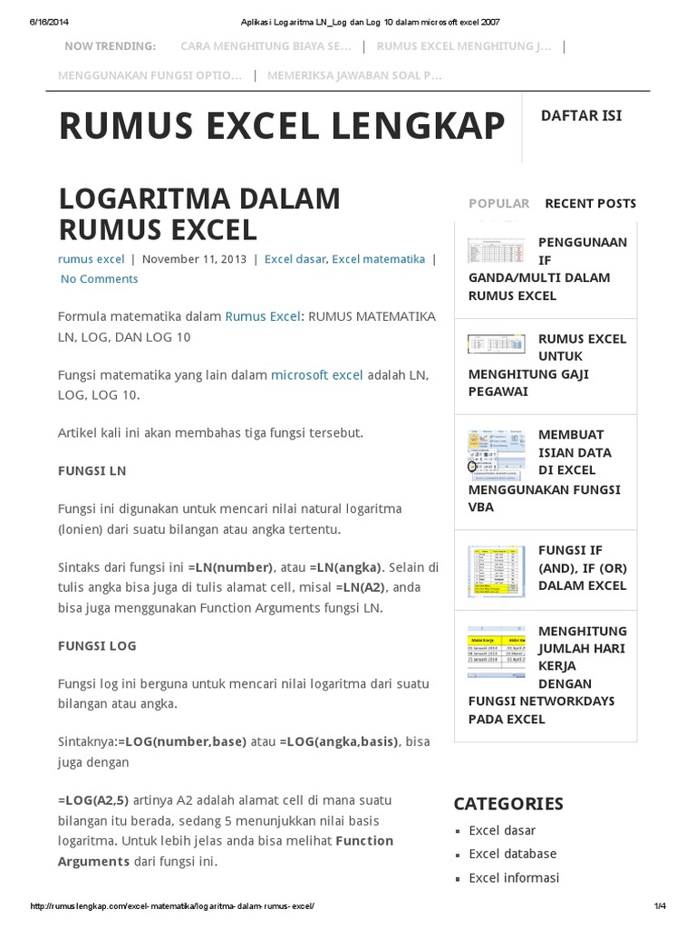 Aplikasi Logaritma LN - Log Dan Log 10 Dalam Microsoft Excel 2007 | PDF ...