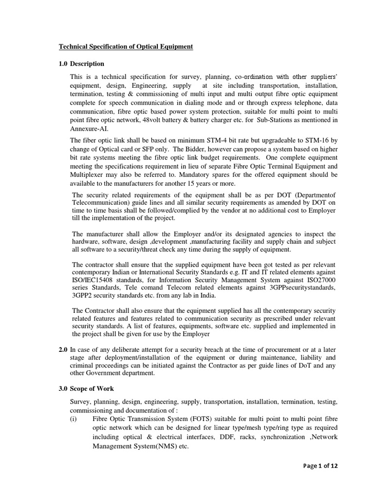 Fiber Optic Equipment Technical Specs | PDF | Telecommunication ...