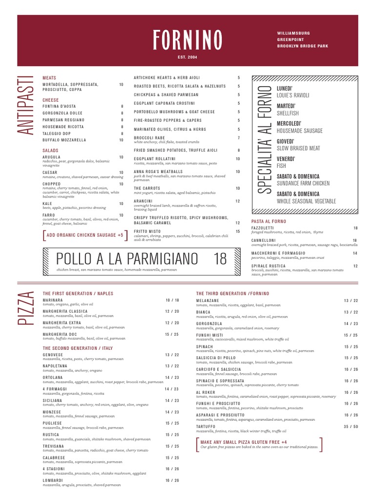 Fornino Williamsburg Dinner Menu | Pizza | Salad