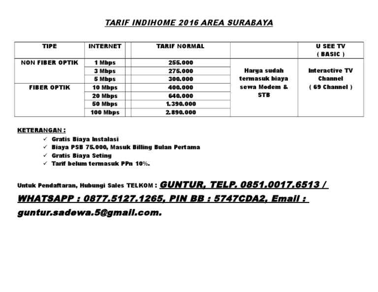 Tarif Indihome 2016 Area Surabaya | PDF