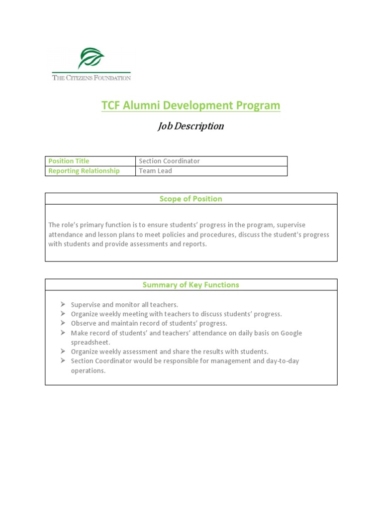 TCF Alumni Development Program: Job Description | PDF | Career & Growth ...